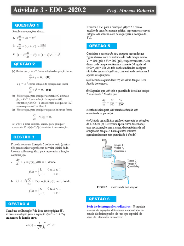 3a Atividade de Equações Diferenciais Ordinárias | PDF | Equações ...