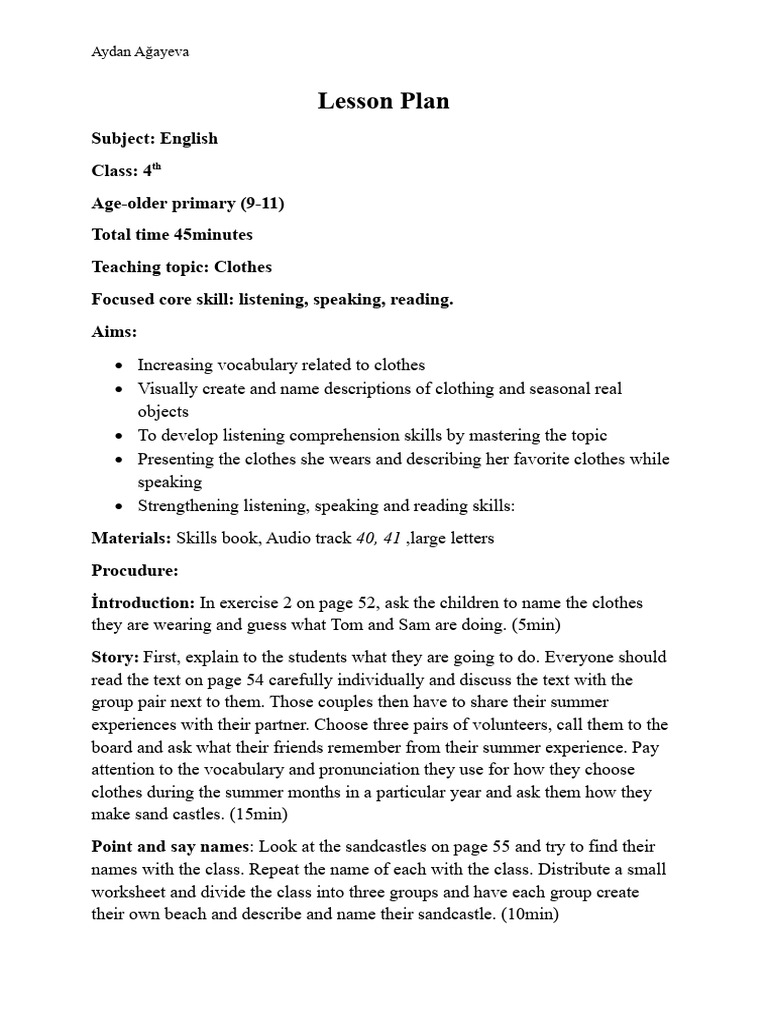 Aydan Ağayeva's Clothes Lesson Plan | PDF