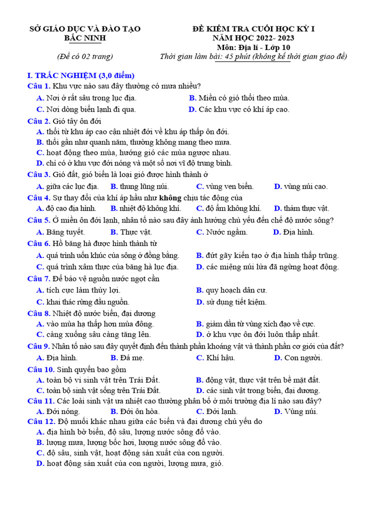 De Kiem Tra Cuoi Ki 1 Dia Li 10 Nam 2022 2023 So GDDT Bac Ninh | PDF