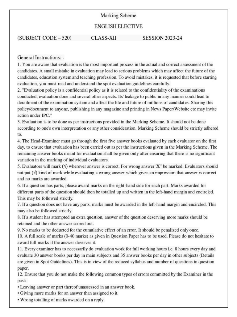 Marking Scheme English Elective (Subject Code - 520) Class-Xii SESSION ...