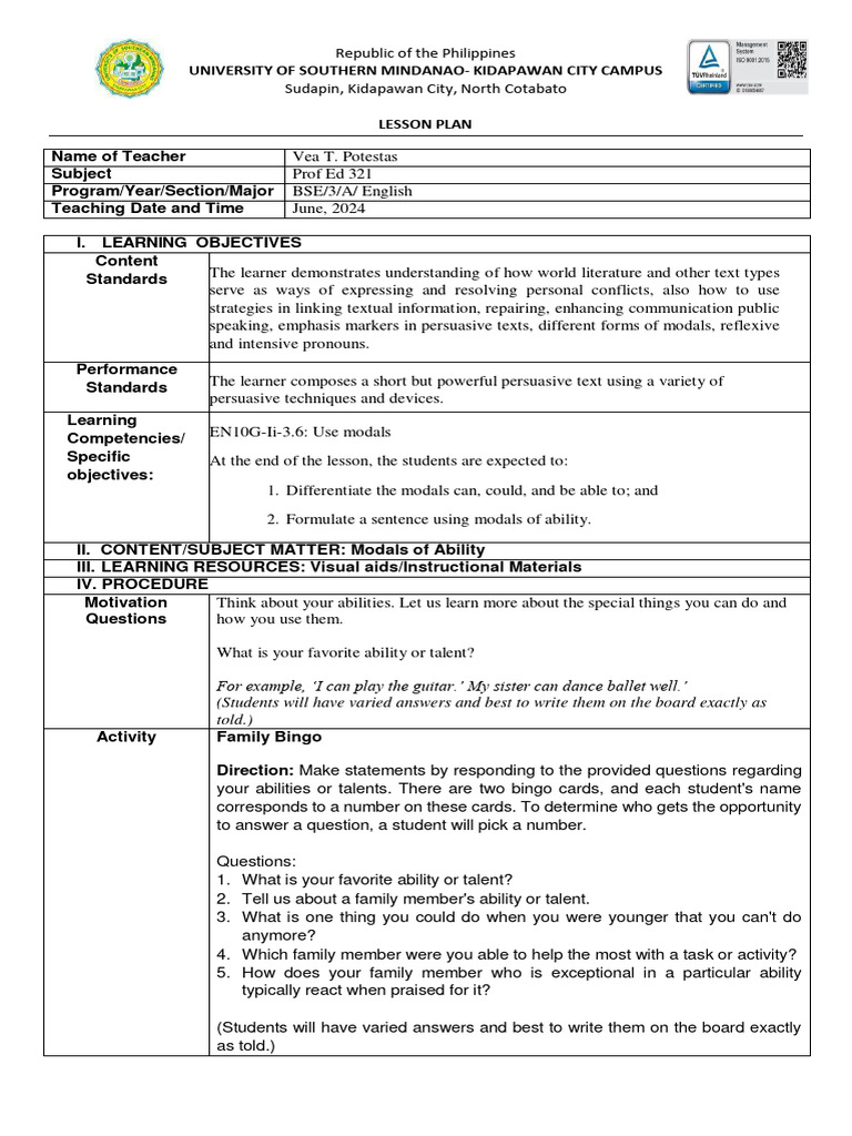 Vea_Potestas_Modals_Lesson_Plan | Download Free PDF | Lesson Plan ...