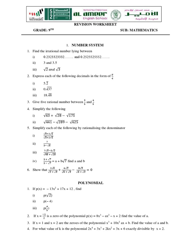 9th Grade Mathematics Revision Worksheet | PDF | Area | Sphere