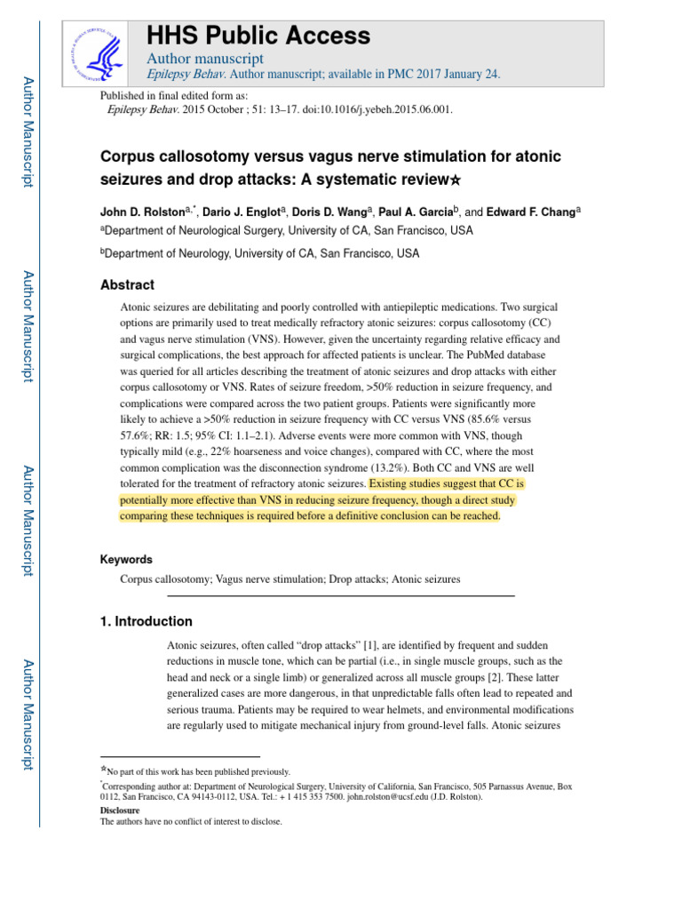 ATONIC SEIZURES VNS Vs CC | PDF | Epilepsy | Episodic And Paroxysmal Disorders