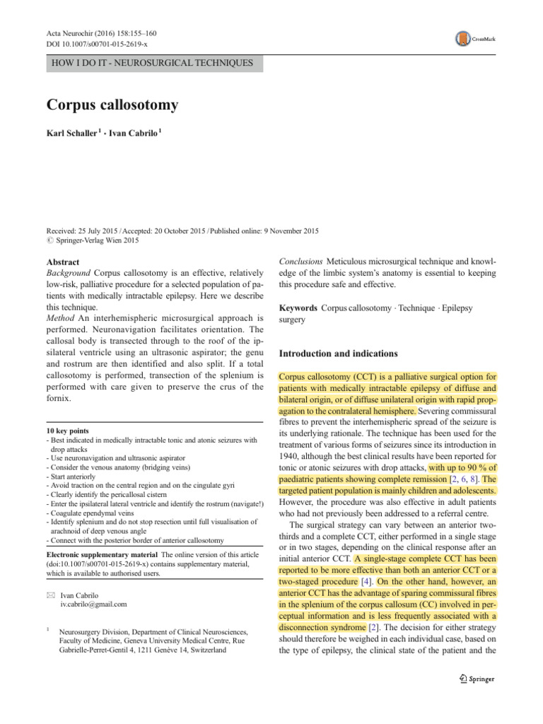 Technique CorpusCallosotomy | PDF | Corpus Callosum | Cerebrum