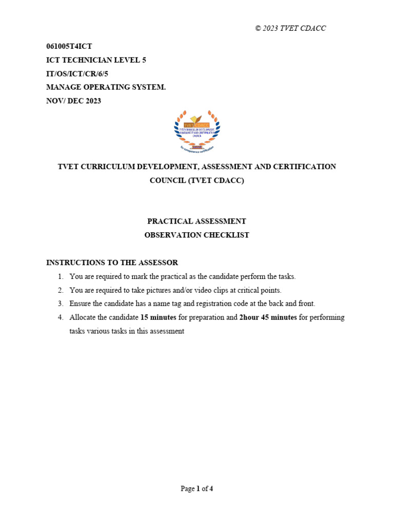 ICT Technician Observation Checklist Manage OS | PDF | Computer File ...