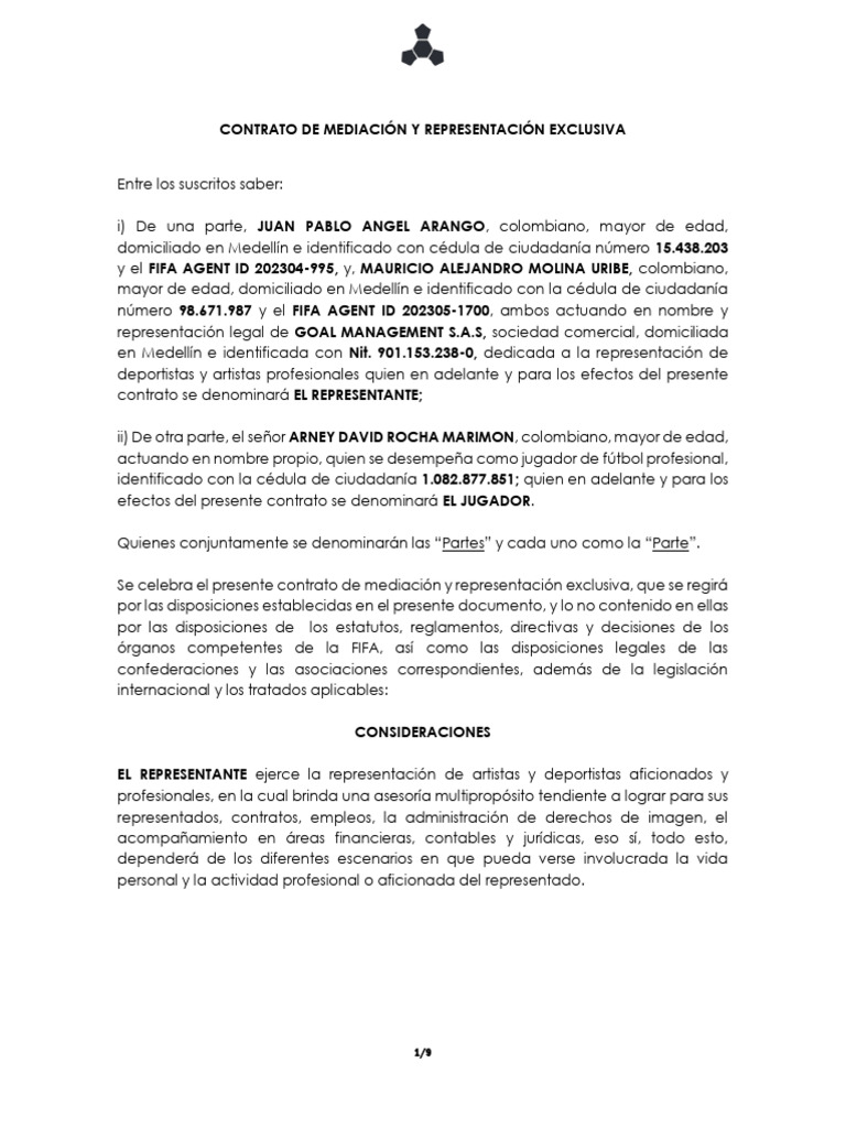 Contrato de Representación Exclusivo Arne David Rocha Marimon Goal Management | PDF | Salario ...
