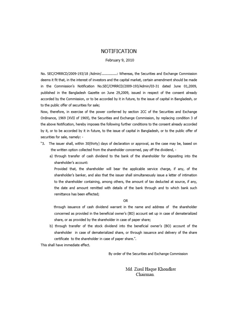 Dividend Payment Notifi. BSEC | PDF | Securities (Finance) | Dividend