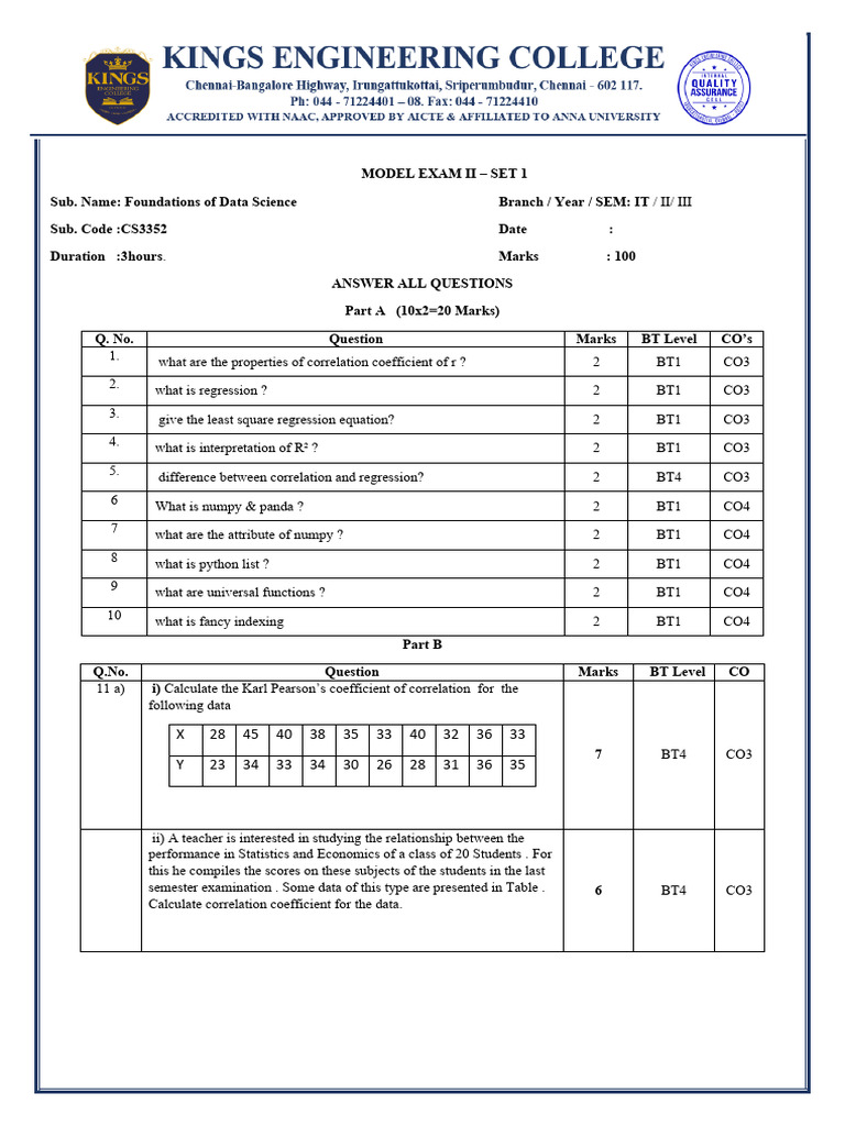 II Year IT FDS CS3352 Model Paper-II | PDF | Statistics | Regression ...