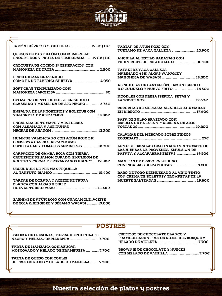 Carta Malabar | PDF | ensalada | Postres