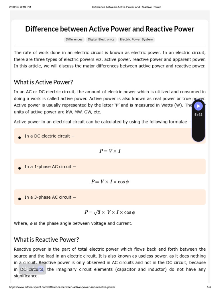 Difference Between Active Power and Reactive Power | PDF | Electric ...