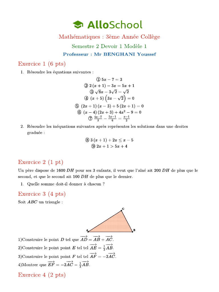 Math 3ac Semestre 2 Devoir 1 Modele 1 1 | PDF