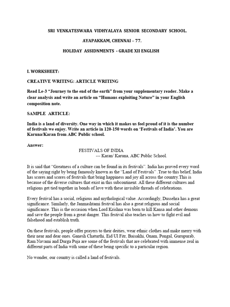 HOLIDAY ASSIGNMENT - GR12 ENGLISH | Download Free PDF | Festival