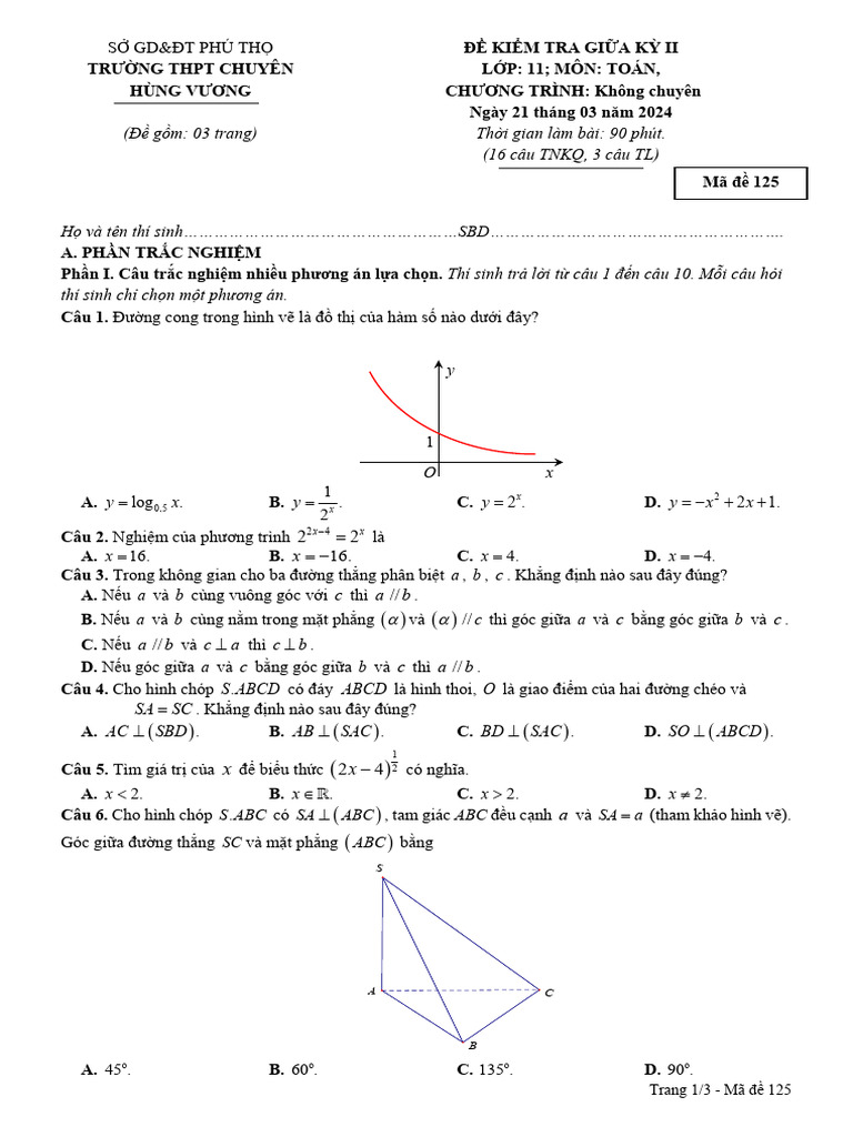 De Giua Ky 2 Toan 11 Nam 2023 2024 Truong THPT Chuyen Hung Vuong Phu Tho | PDF