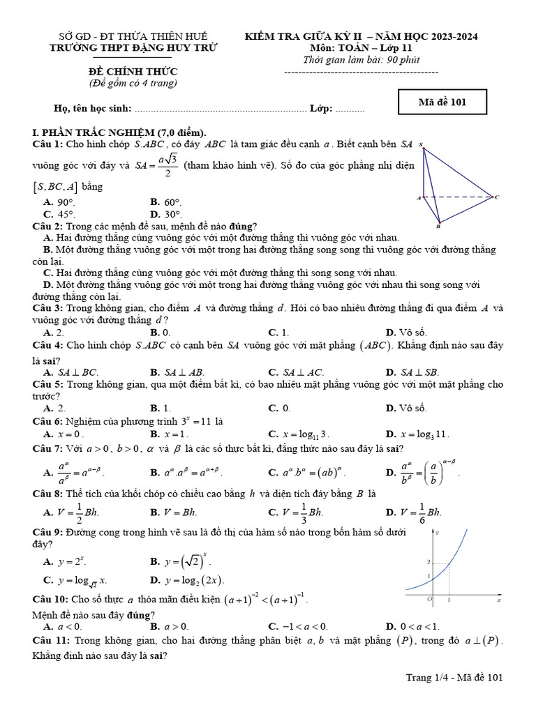 De Giua Ky 2 Toan 11 Nam 2023 2024 Truong Thpt Dang Huy Tru Tt Hue | PDF