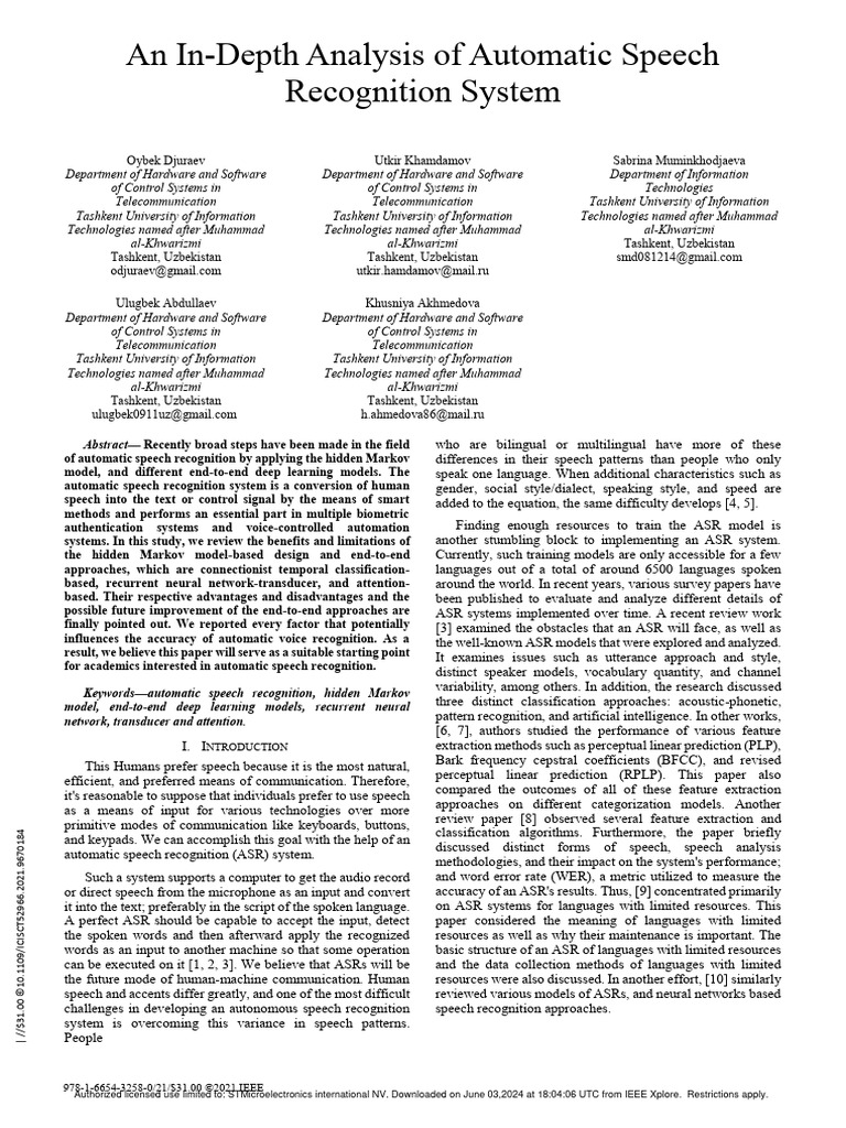 An In Depth Analysis Of Automatic Speech Recognition System Download Free Pdf Speech