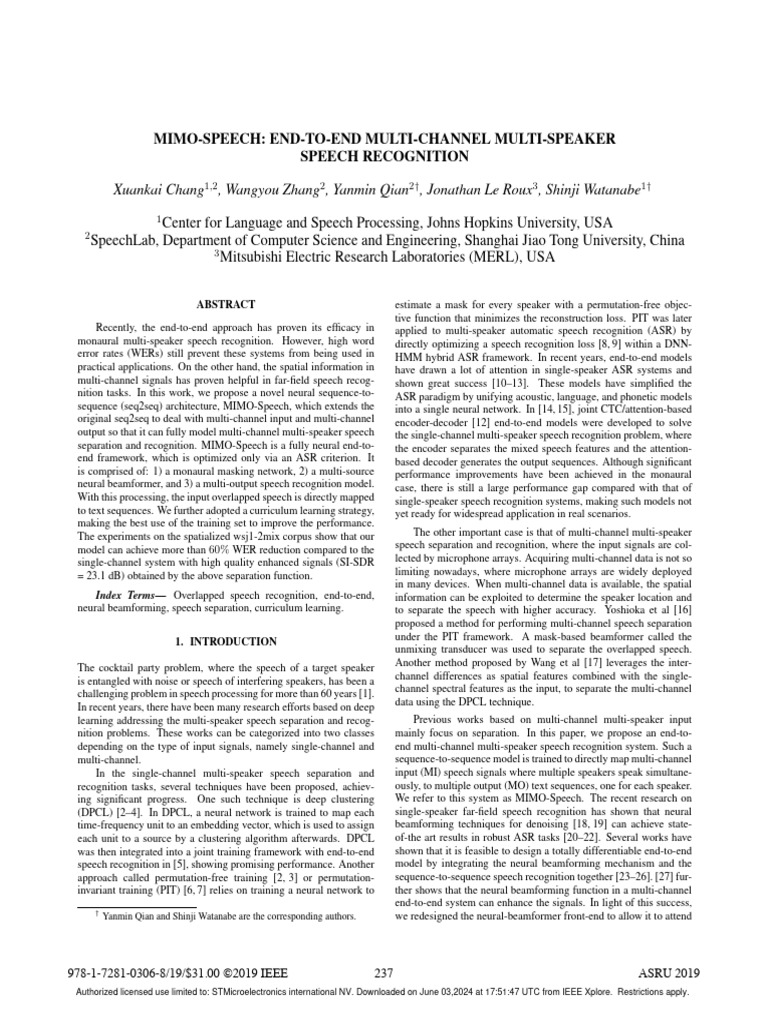 MIMO-Speech End-to-End Multi-Channel Multi-Speaker Speech Recognition | PDF | Speech Recognition ...