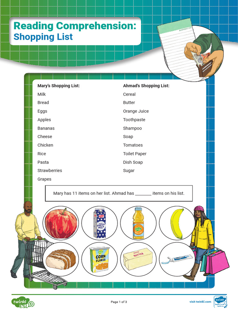 T 1693906772 Esl Reading Comprehension Shopping List Adults A1 - Ver ...