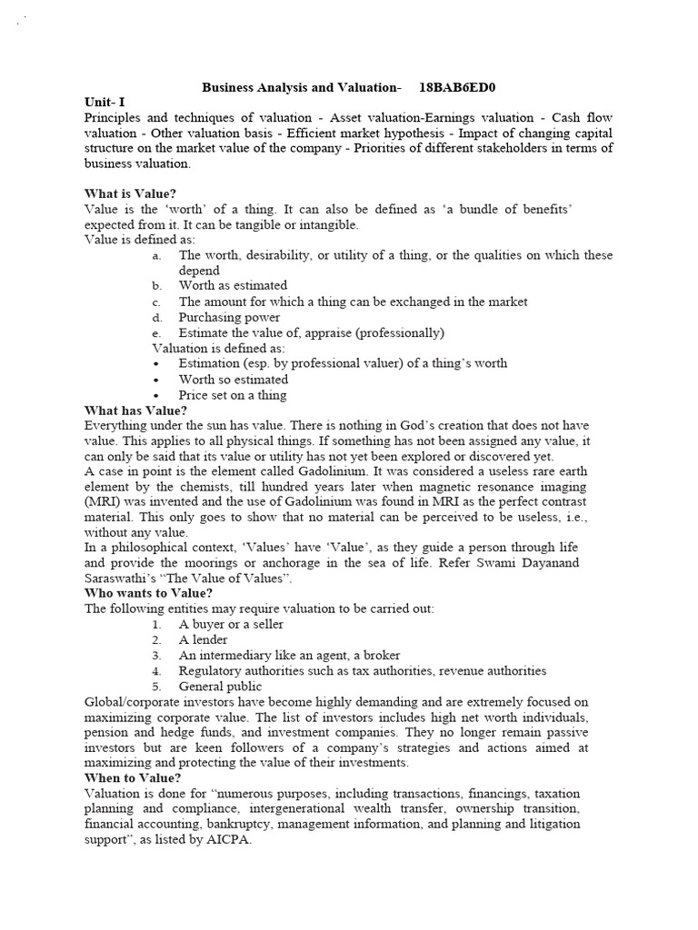 Business Valuation Tutorials Unit I | PDF | Valuation (Finance ...