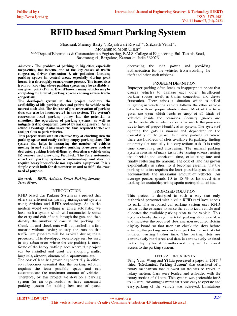 rfid-based-smart-parking-system-IJERTV11IS070127 (1) | PDF | Infrared | Parking