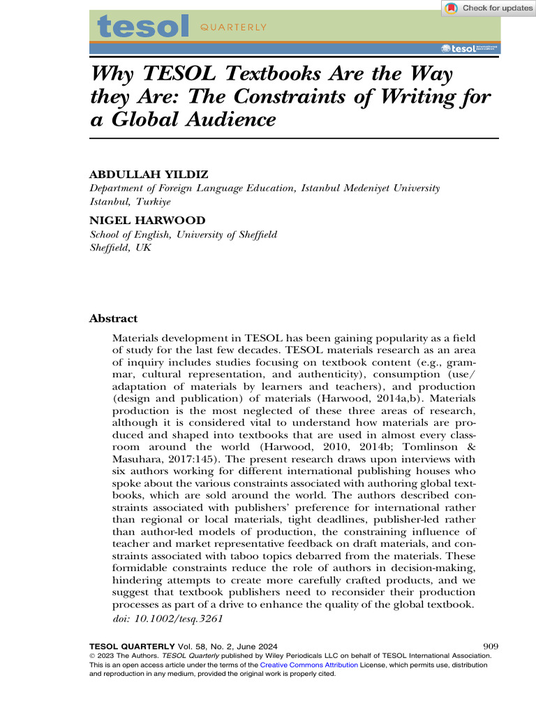 TESOL Quarterly - 2023 - Yıldız - Why TESOL TBs Are The Way They Are ...