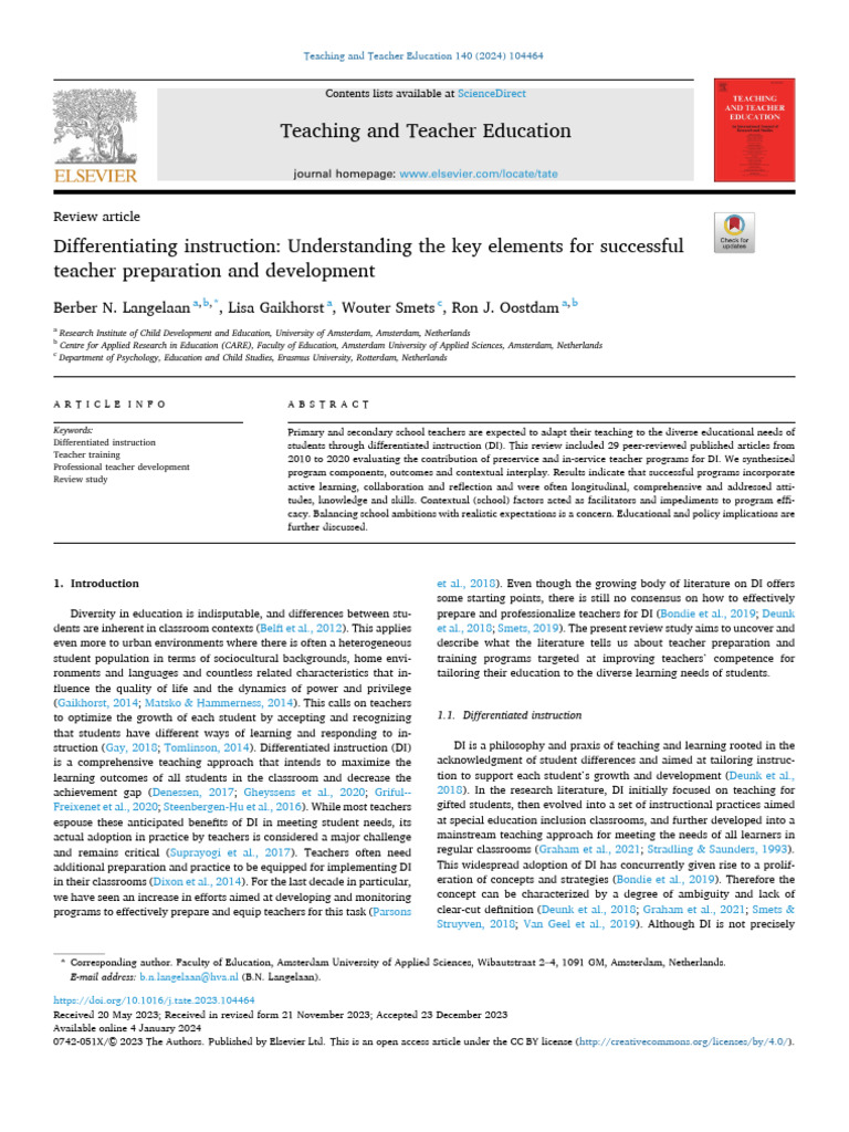 langelaan et al (2024) Differentiating Instruction | Download Free PDF | Teachers ...