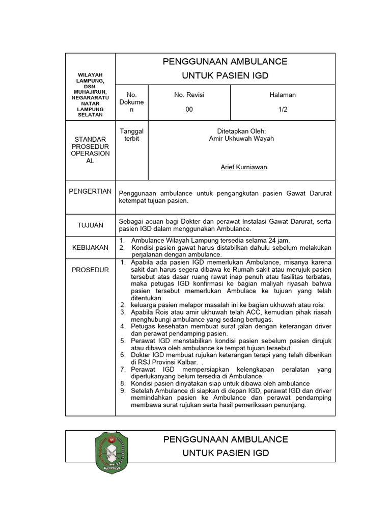 Sop Penggunaan Ambulance Untuk Pasien Ugd2 | PDF