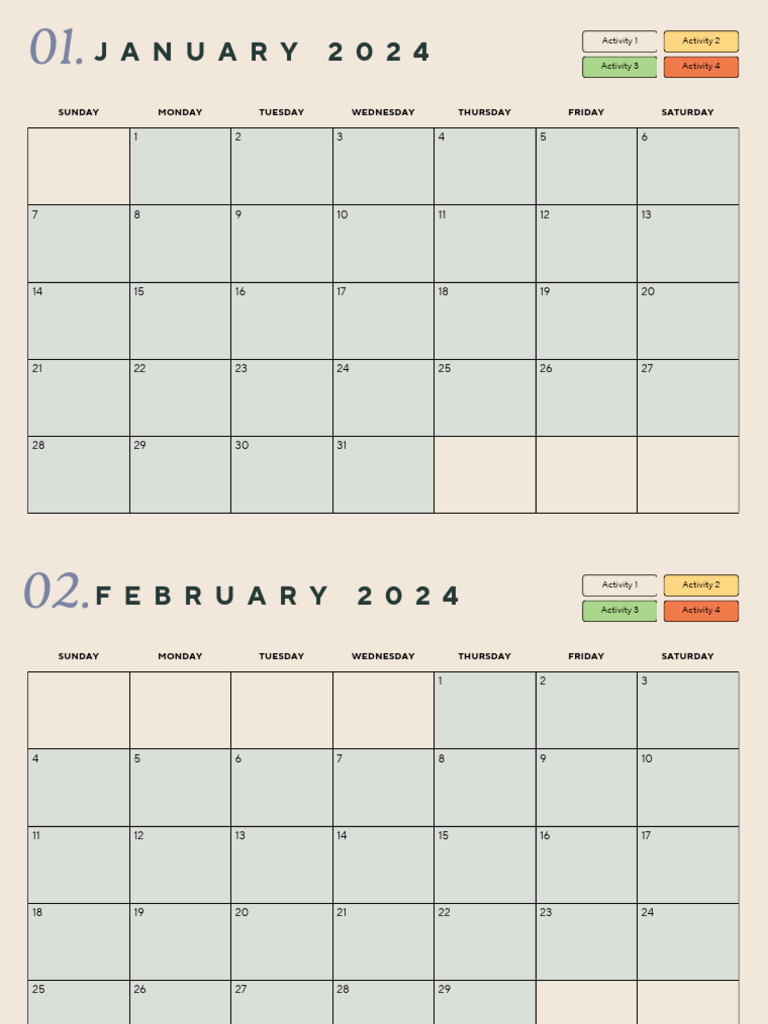 Beige and Blue Modern Activity 2024 Calendar | PDF