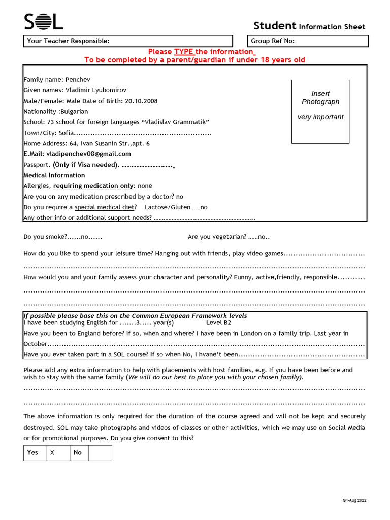 G04 - Student Info Sheet | PDF
