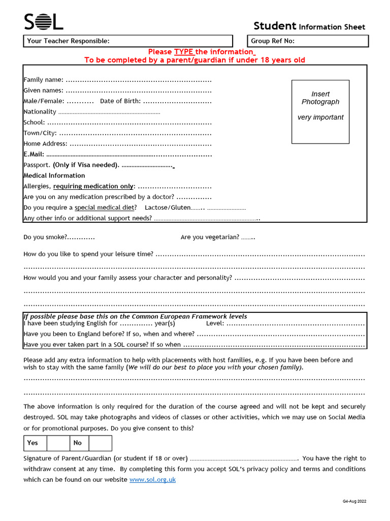 G04- Student info sheet | PDF