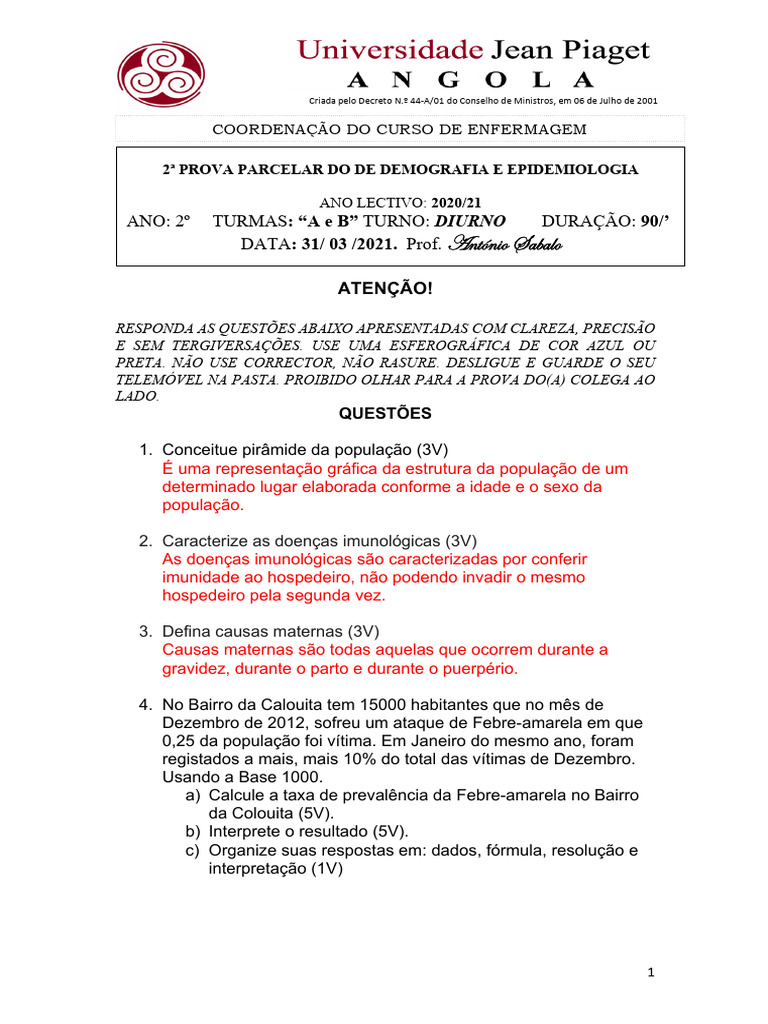 2Â Prova e Chave de DemEpi 2021 Turma A | PDF | Epidemiologia | Ciências Médicas