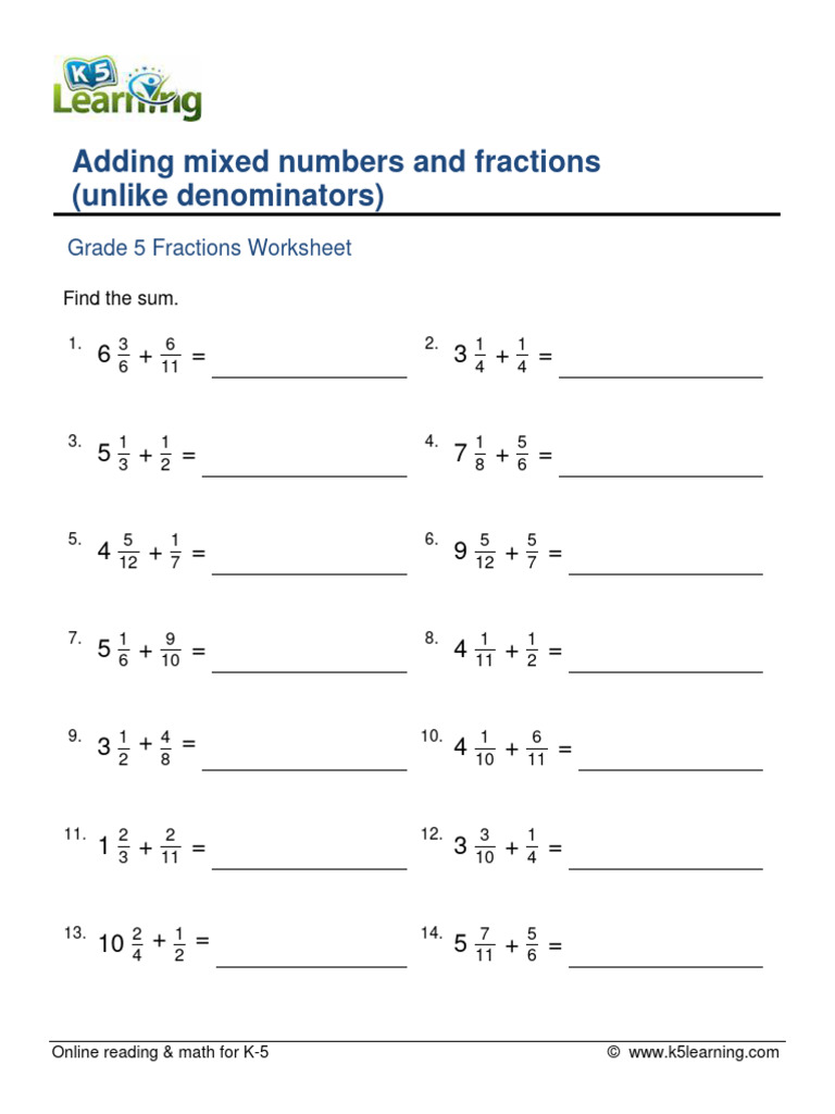 grade-5-adding-fractions-mixed-numbers-unlike-e | PDF | Mathematical Concepts | Lexicology