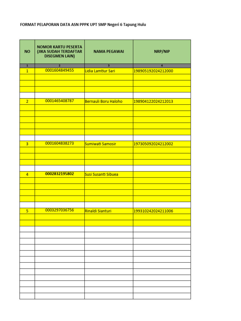 FORMAT PELAPORAN DATA ASN PPPK (BPJS) UPT SMP Negeri 6 Tapung Hulu | PDF