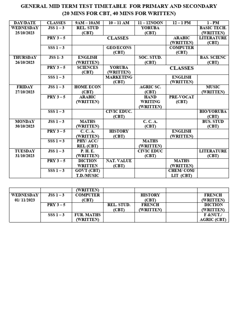 Mid Term Test Timetable | PDF