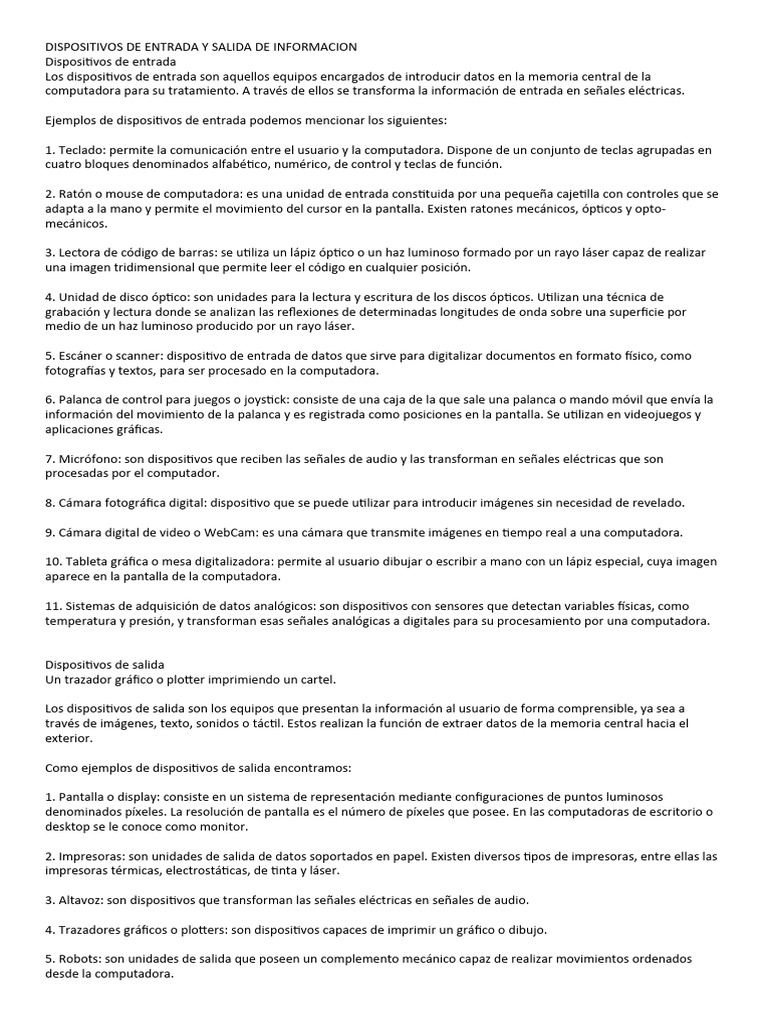 DISPOSITIVOS DE ENTRADA Y SALIDA DE INFORMACION | PDF | Hardware de la ...