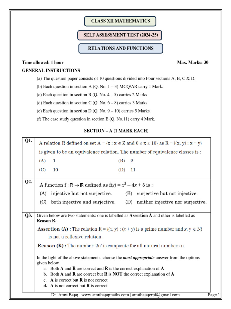 Class 12 Relations and Functions Test | PDF | Teaching Methods & Materials