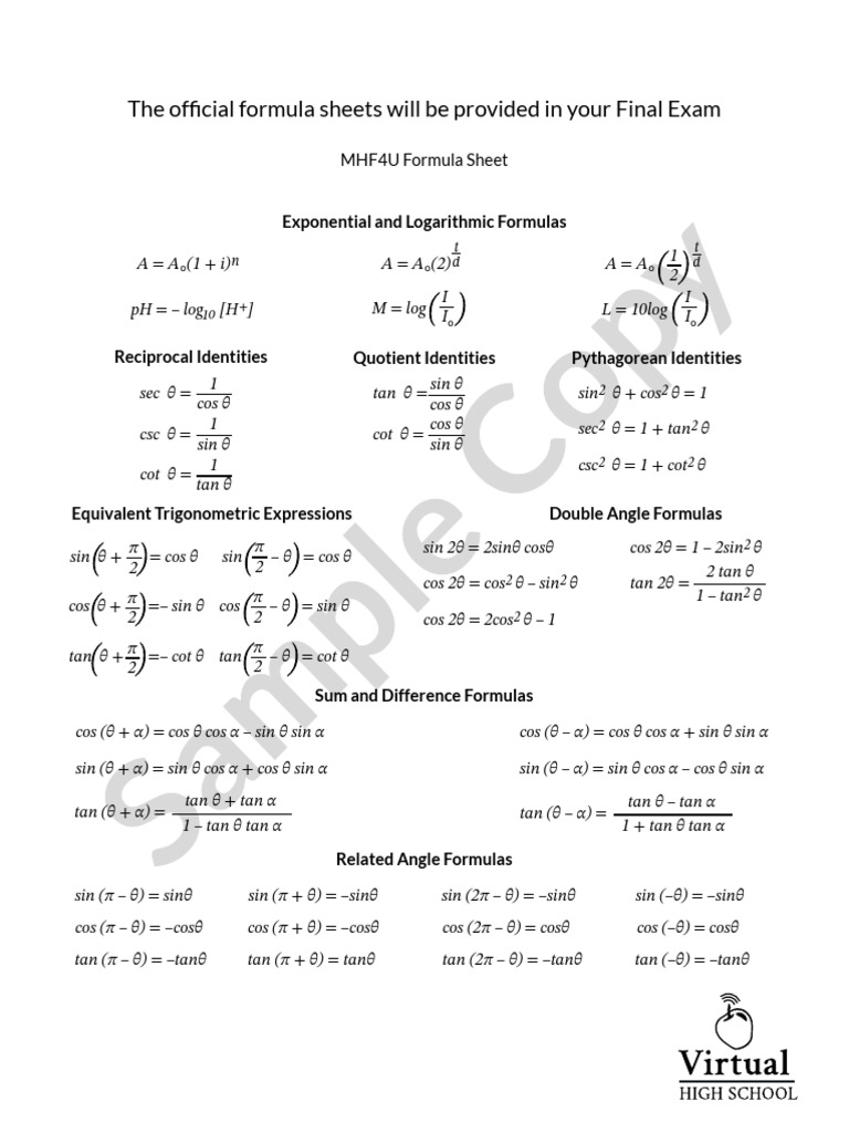 MHF4U Sample Formula Sheet | Download Free PDF | Trigonometric Functions | Mathematics