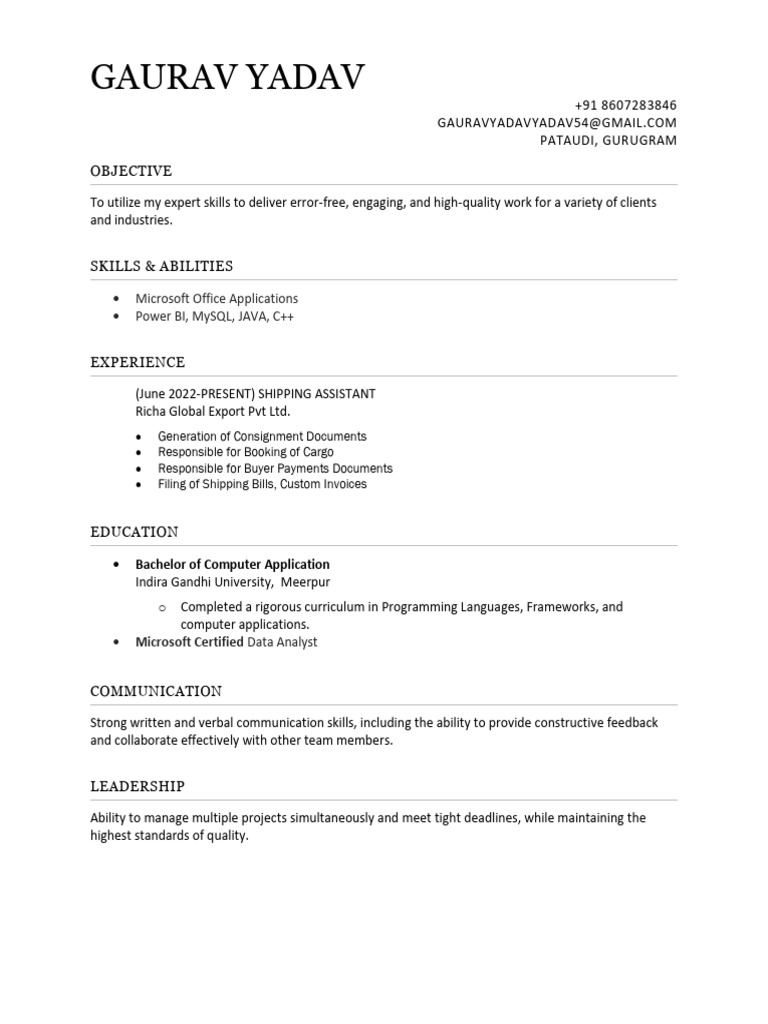 Gaurav Yadav: Shipping Assistant Resume | PDF