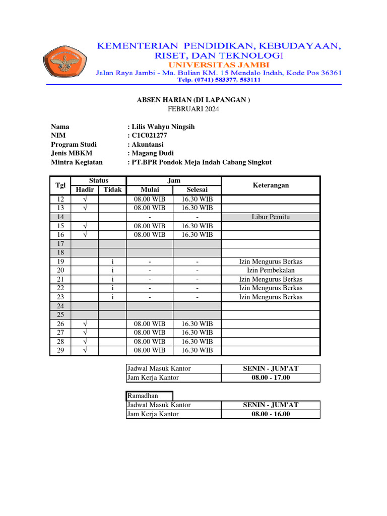 Absen Harian Magang-1 | PDF | Memasak, Makanan, & Anggur