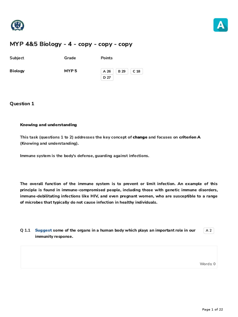 MYP 4_5 Biology - 4 | PDF | Infection | Immune System