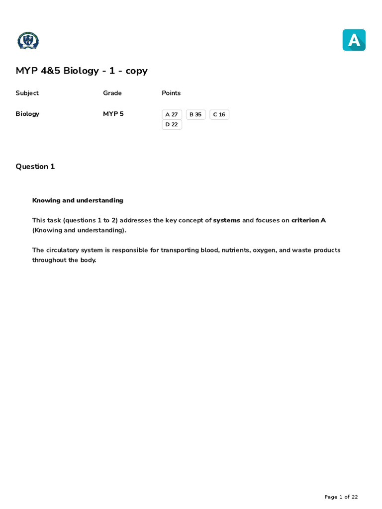 MYP 4 - 5 Biology - 1 | Download Free PDF | Human Body | Adaptation