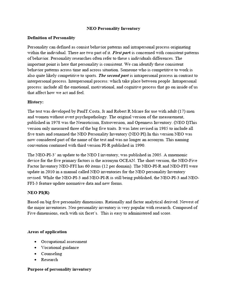 NEO Personality Inventory | PDF | Psychology | Psychological Concepts