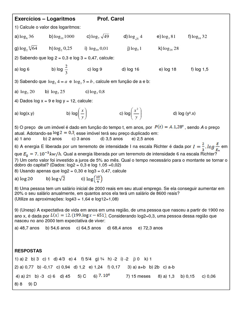 Logaritmos Exercícios 1 Ano | PDF