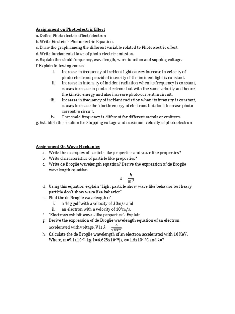 Assignment On Photoelectric Effect Wave Particle Duality and Compton ...
