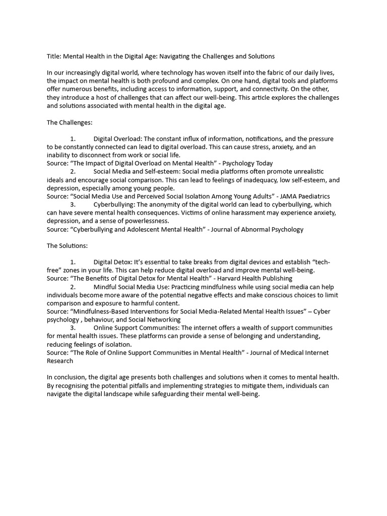 Article On Mental Health in Digital Age. | PDF | Mental Health | Social ...