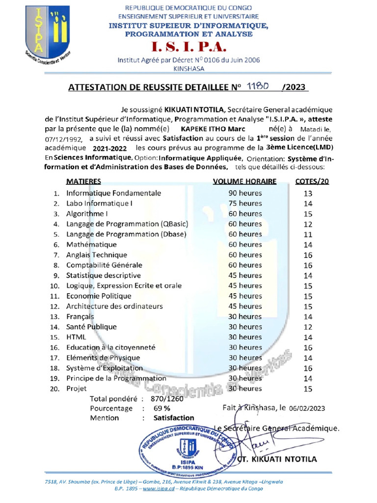 Relevé de notes pour Marc | PDF