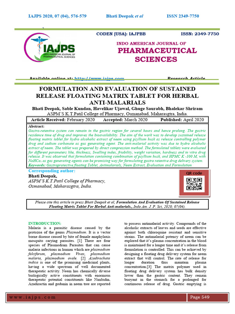 150.deepak Bhati-Final Antimalrial Asian | PDF | Tablet (Pharmacy) | Plasmodium