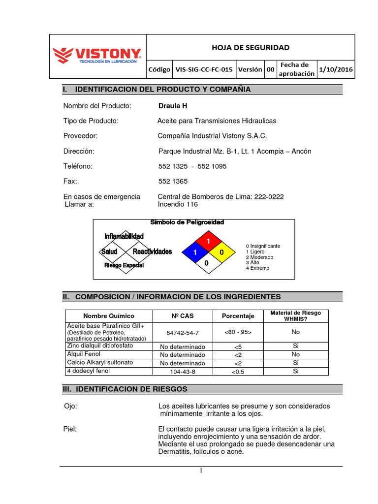 MSDS DRAULA-H (1) (1) | Descargar gratis PDF | Toxicidad | Residuos