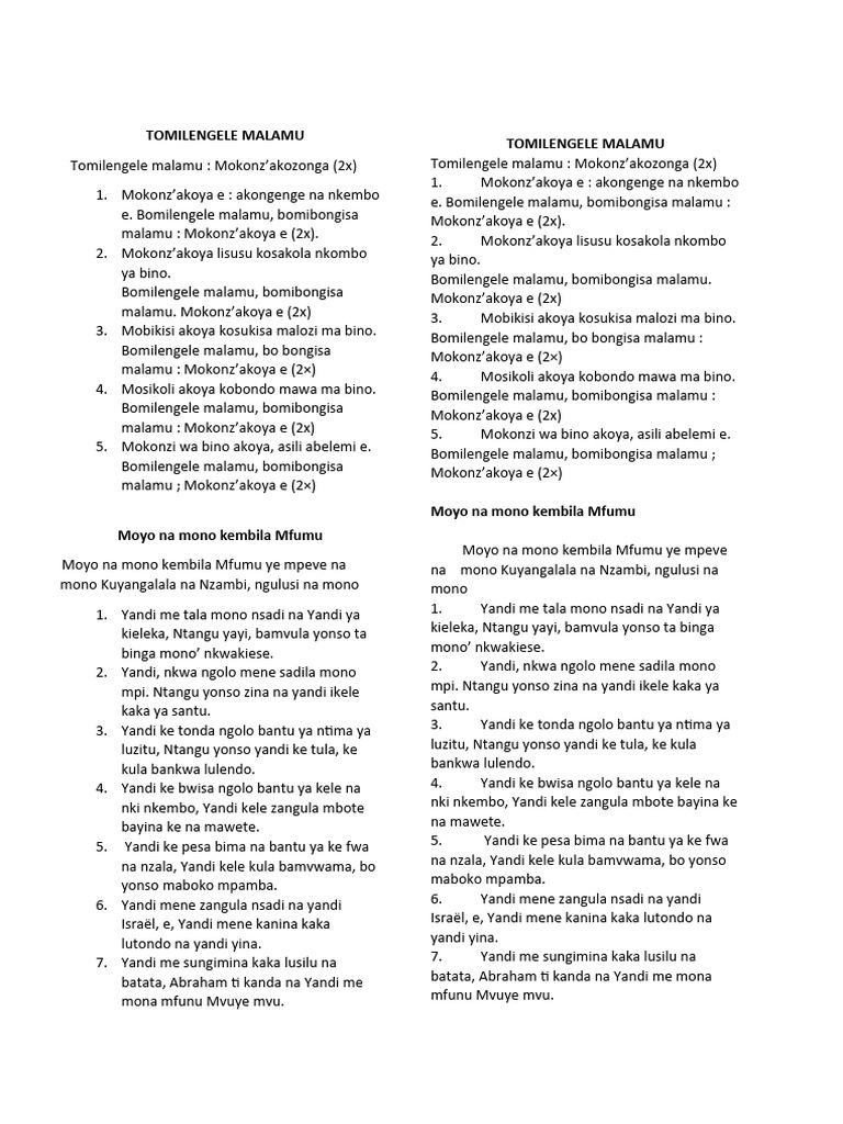 Tomilengele Malamu et Moyo na Mono | PDF | Religion et spiritualité
