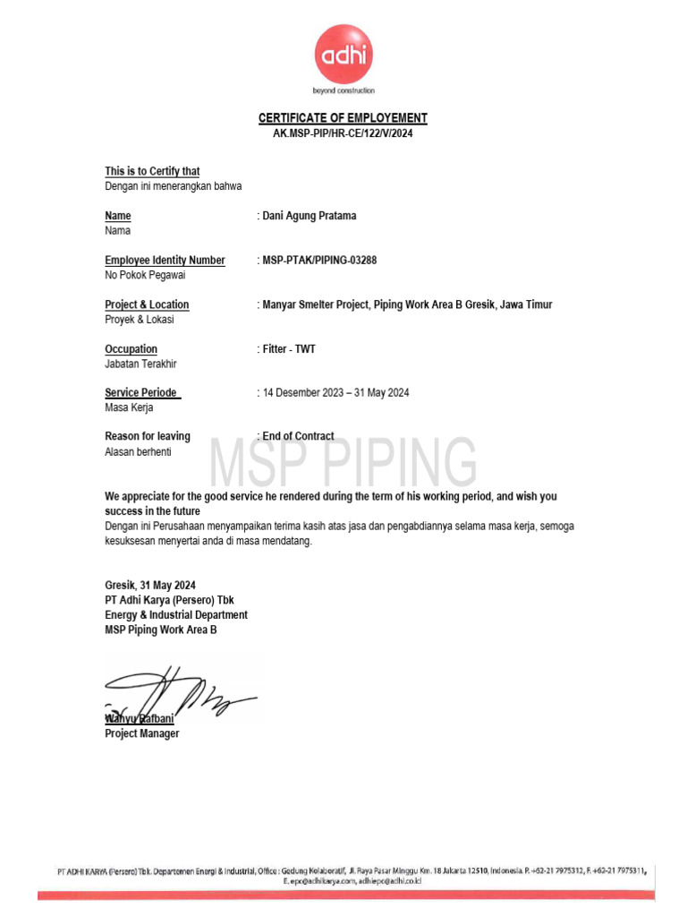 Paklaring - Dani Agung Pratama | PDF