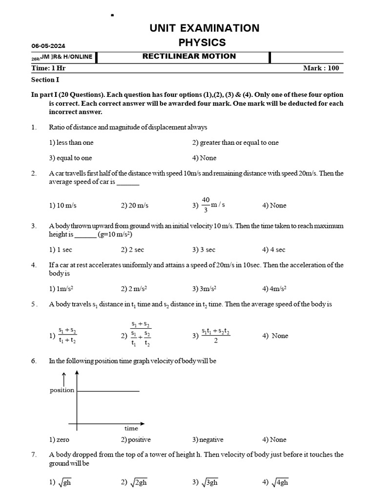 Physics Rectilinear Motion Quiz | PDF | Velocity | Speed